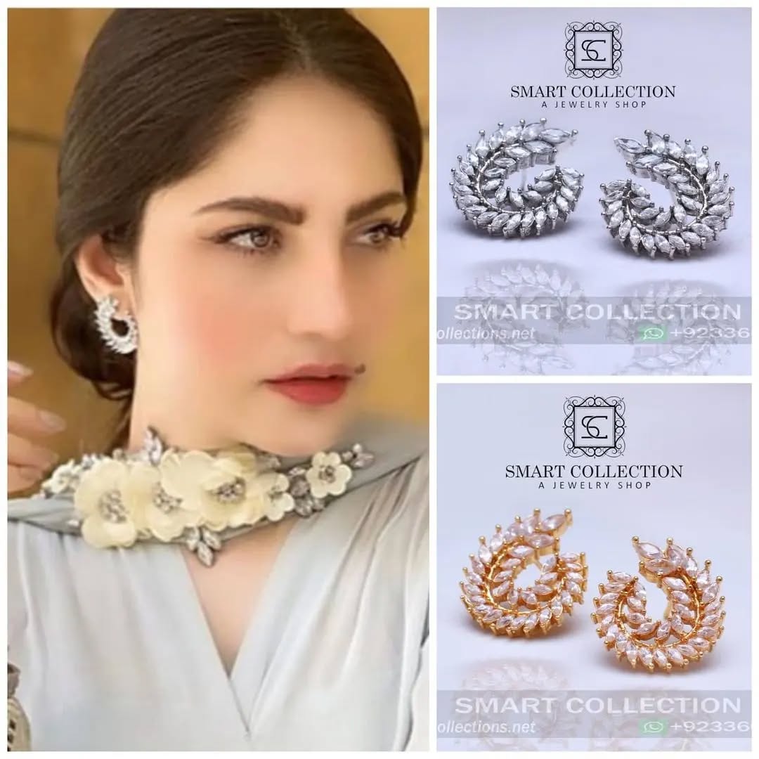 Cubic Zirconia Decor Leaf Stud Earrings | Smart Collection